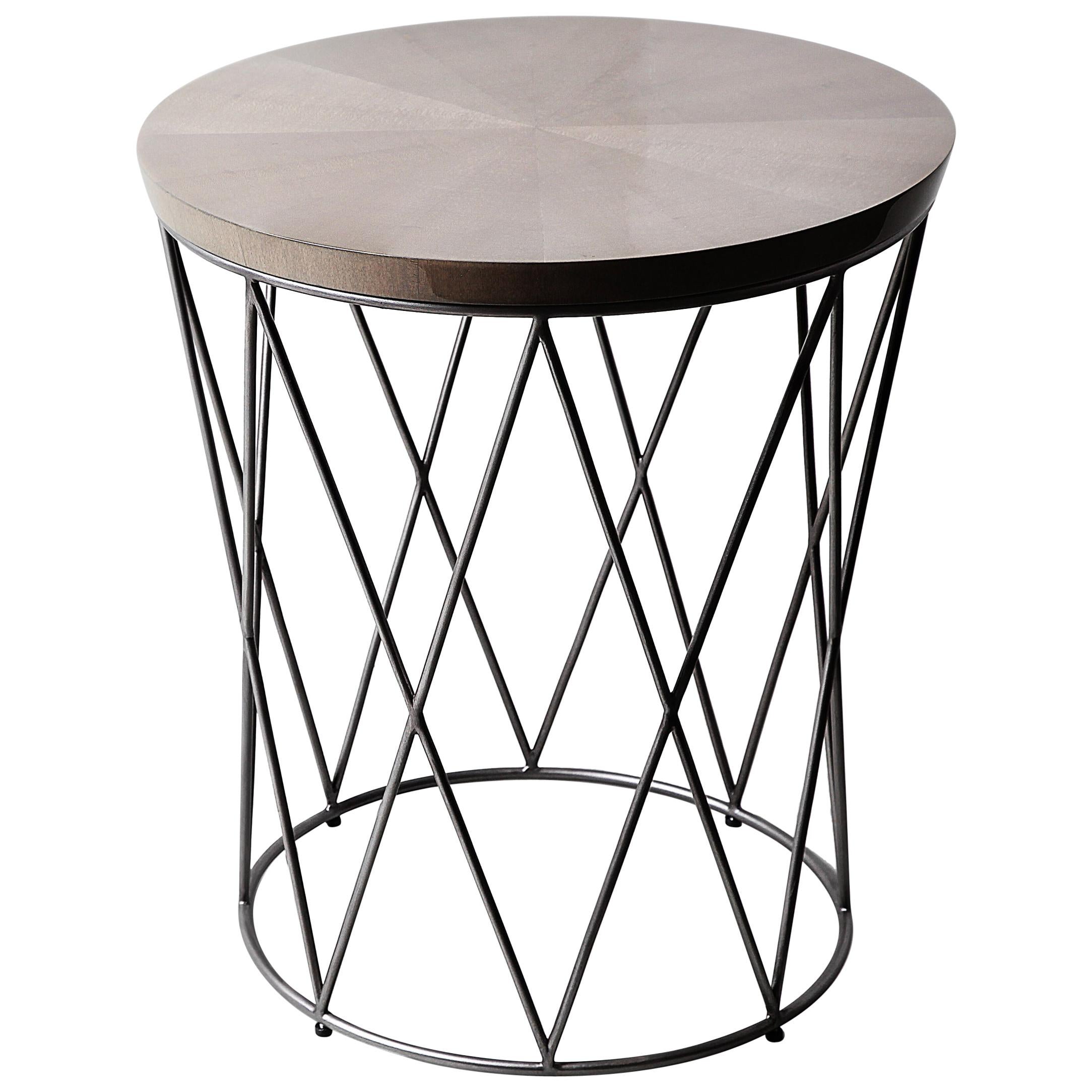 Eiffel, Side Table in Grey Sycamore and Hand Patinated Silver Leaf on Steel For Sale at 1stDibs