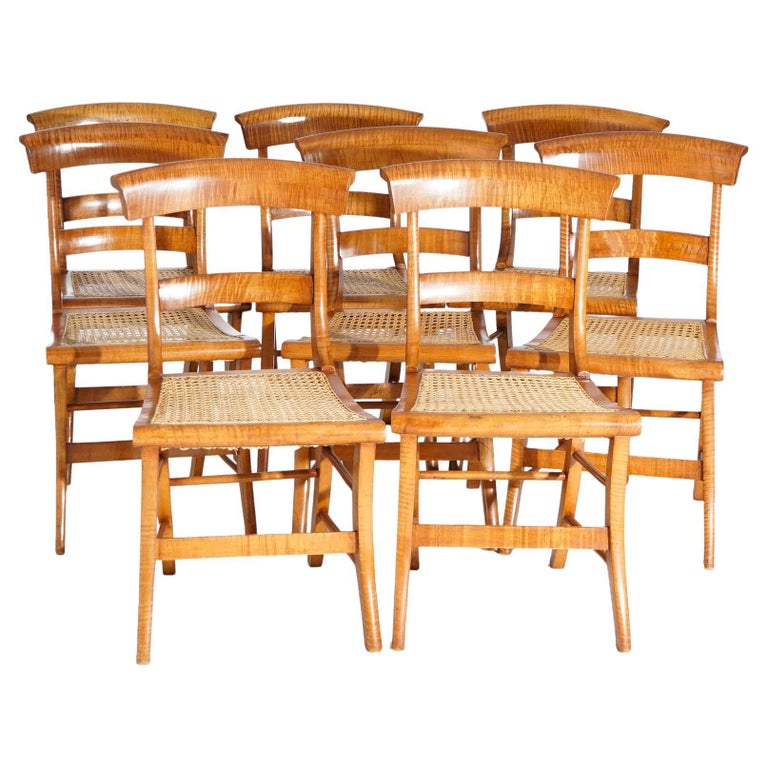 Eight Antique Federal Tiger Maple Slat Back and Cane Seat Dining Chairs ...