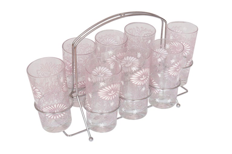 Eight Cary Todd Daisy Tumblers and Caddy For Sale at 1stDibs