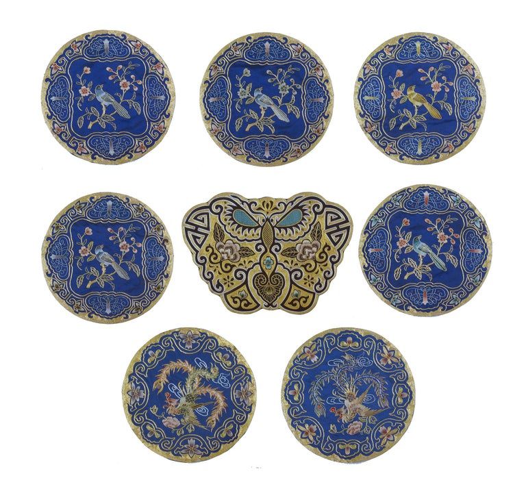 Eight Chinese Hand Embroidered Silk Blue Ground and Metallic Thread ...