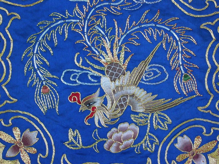 Eight Chinese Hand Embroidered Silk Blue Ground and Metallic Thread ...