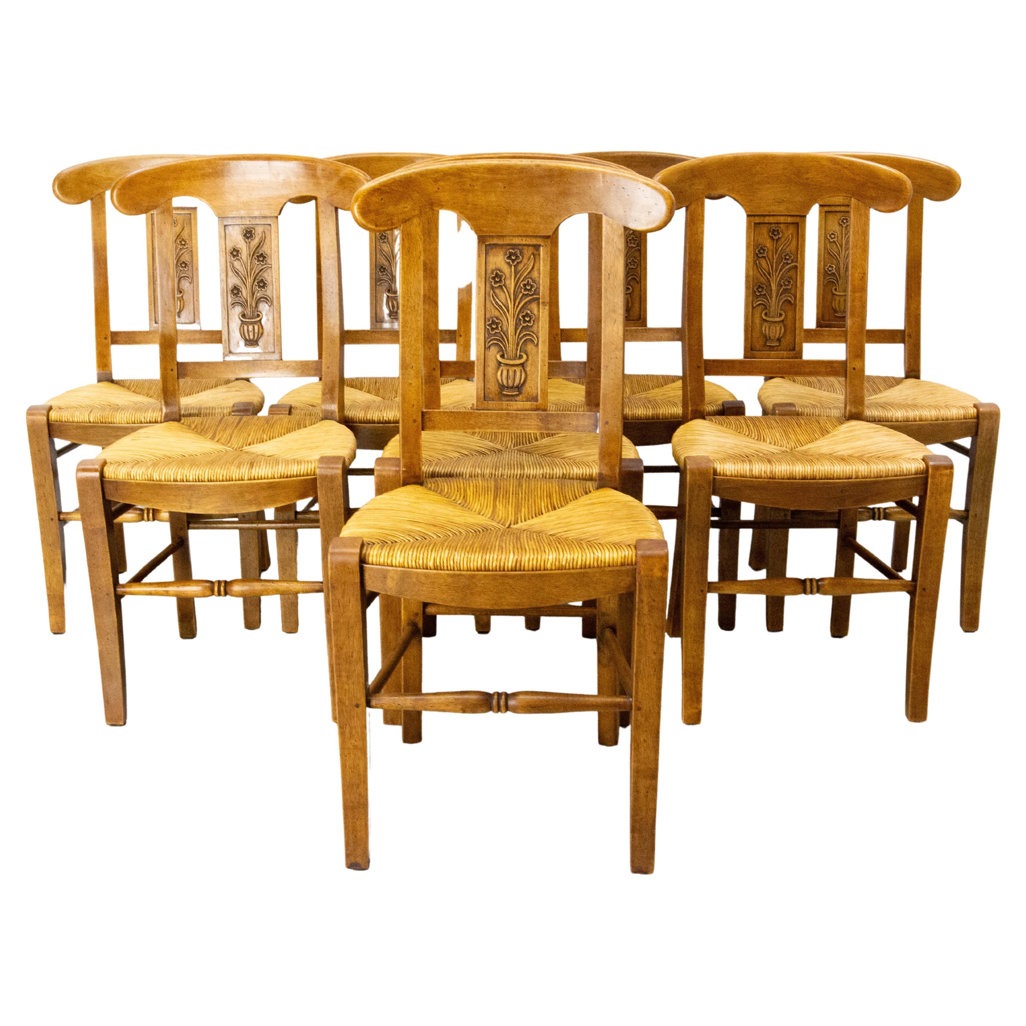 Ten French cherry rush seat dining chairs circa 1960 For Sale at 1stDibs