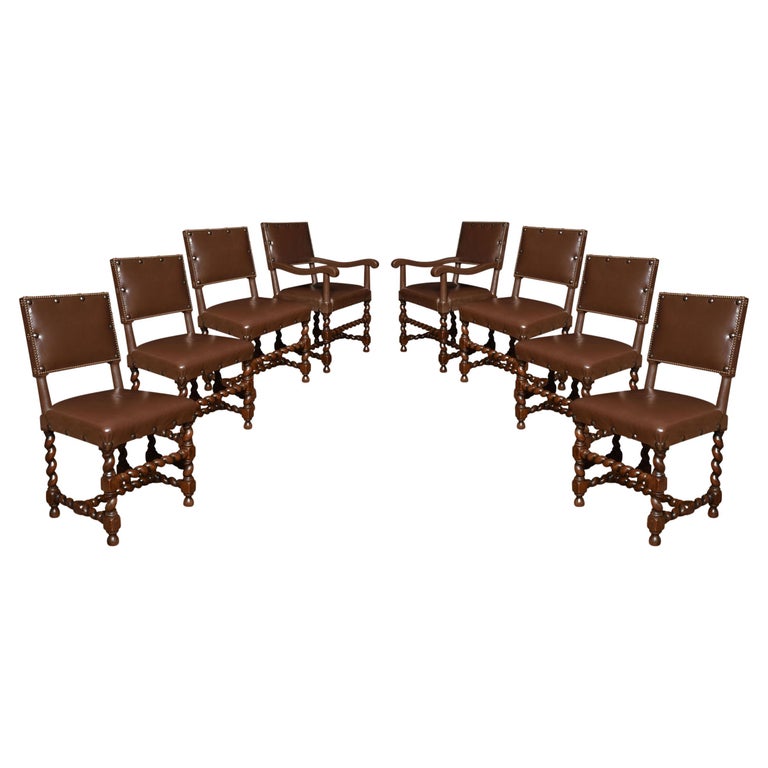 Eight Leather Upholstered Oak Dining Chairs For Sale at 1stDibs