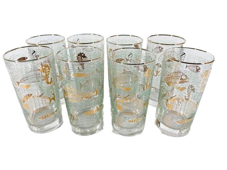 Eight Libbey Atomic Period Marine Life Highball Glasses in Gold-Tone ...