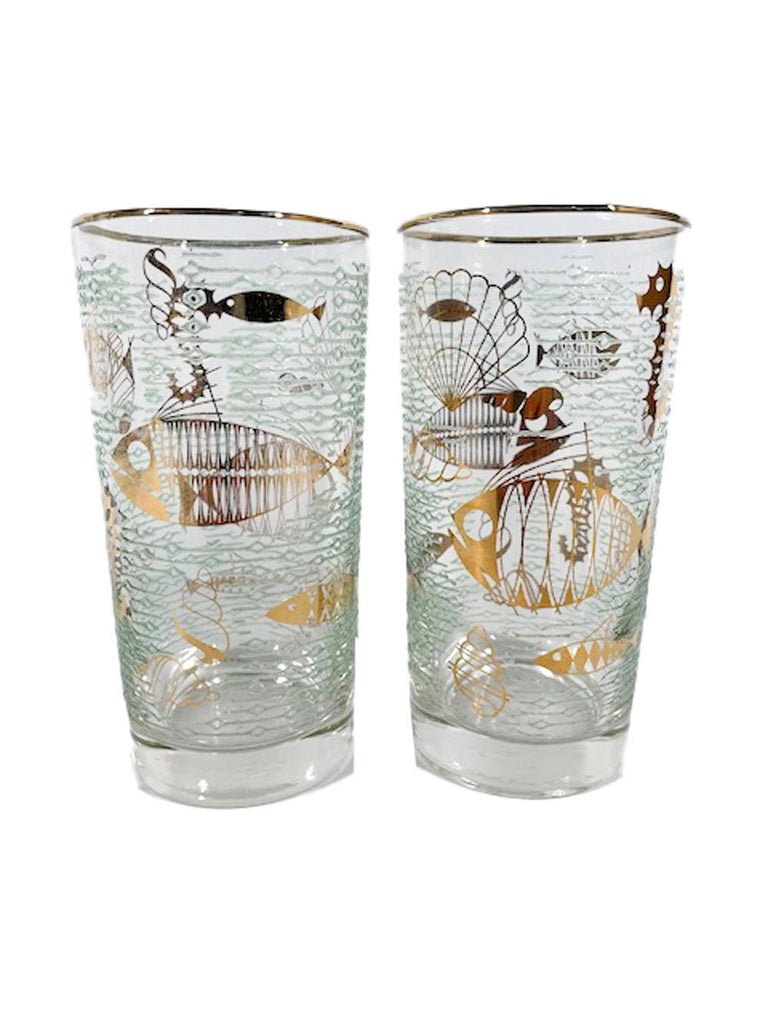 Eight Libbey Atomic Period Marine Life Highball Glasses in Gold-Tone ...