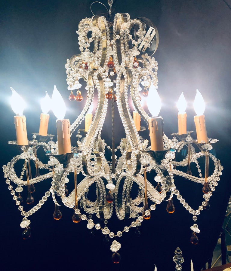 Eight Light Beaded Chandelier with Colored Tear Drop Prisms, circa 1960 ...