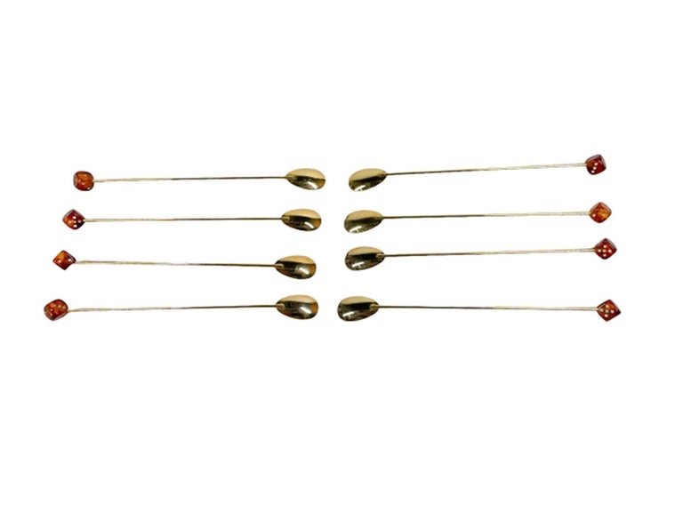 Eight Vintage Gold-Tone Stir Spoons with Root Beer Bakelite Dice ...