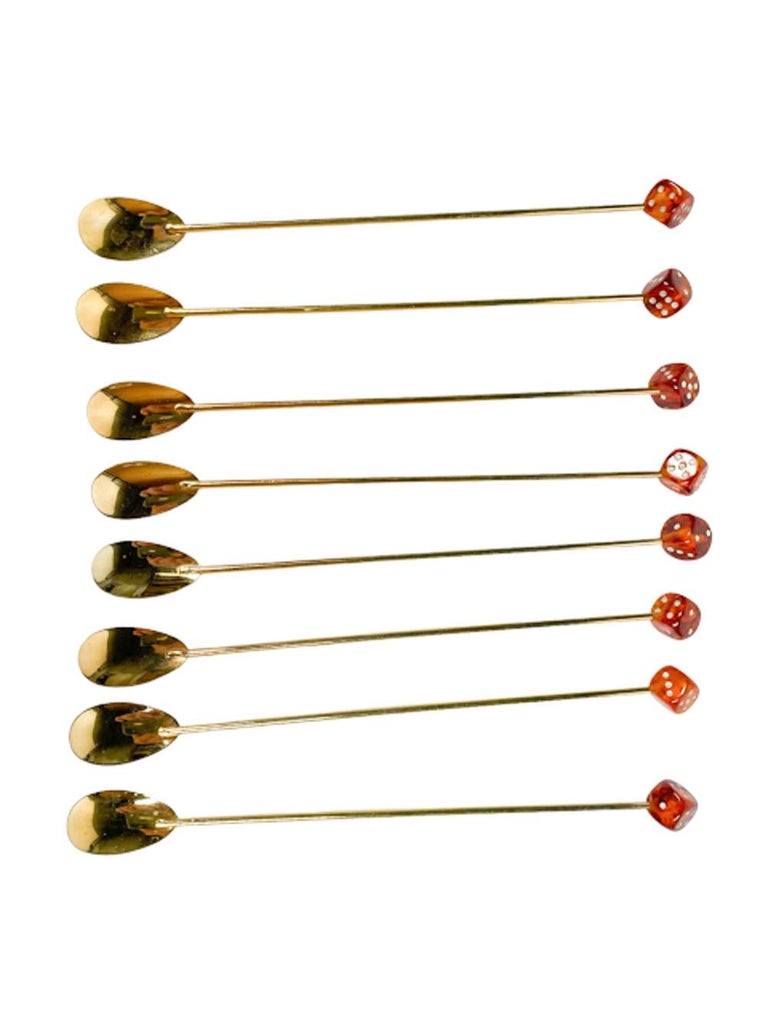 Eight Vintage Gold-Tone Stir Spoons with Root Beer Bakelite Dice ...