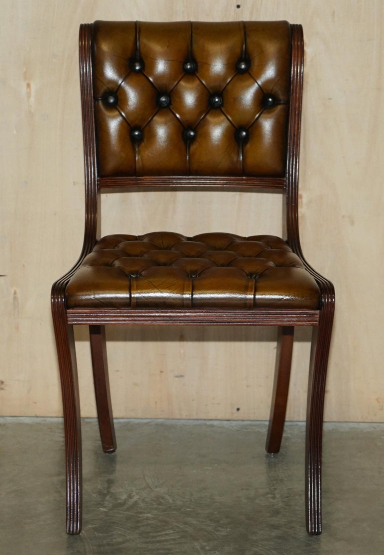 Eight Vintage Hardwood Fully Restored Chesterfield Brown Leather Dining ...