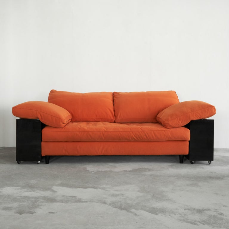 Eileen Gray 'Lota' Sofa in Black Lacquer and Orange Fabric 1980s For Sale at 1stDibs