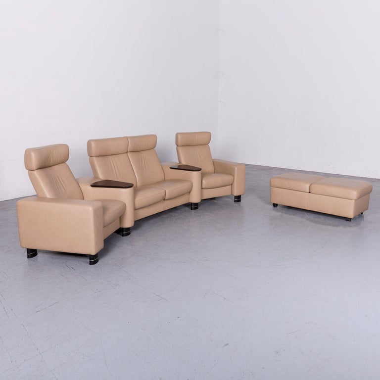 Ekornes Stressless Designer Leather Sofa Beige Four-Seat Recliner Couch ...