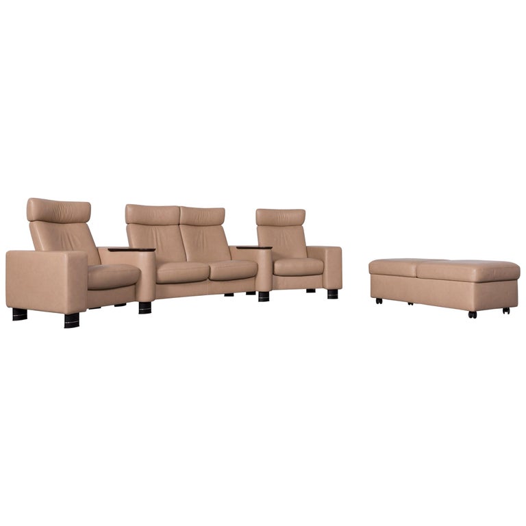 Ekornes Stressless Designer Leather Sofa Beige Four-Seat Recliner Couch ...