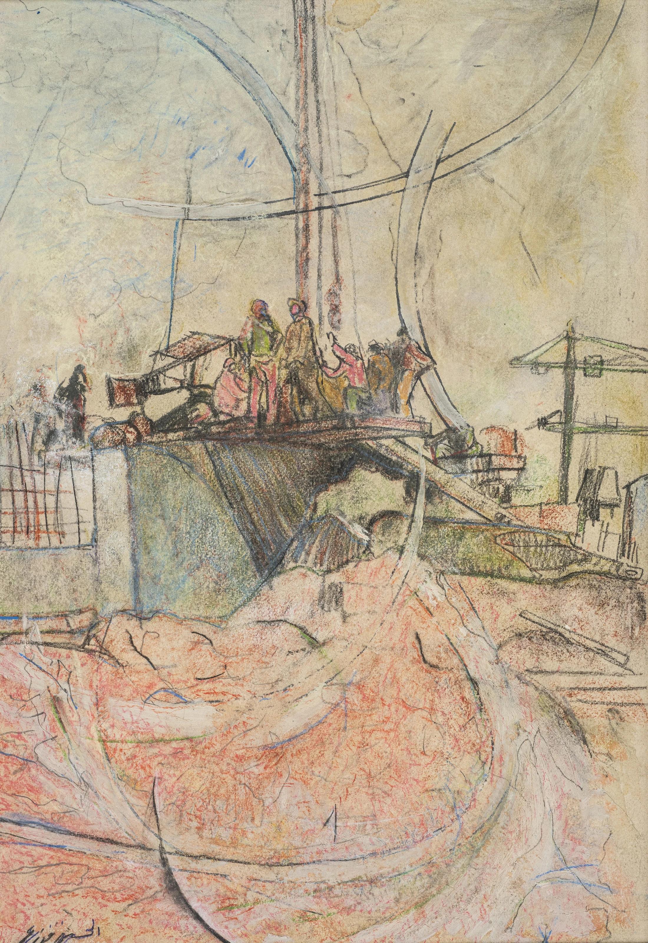 El Hussein Fawzi - "Aswan High Dam I" Drawing 22" x 12" inch by El ...