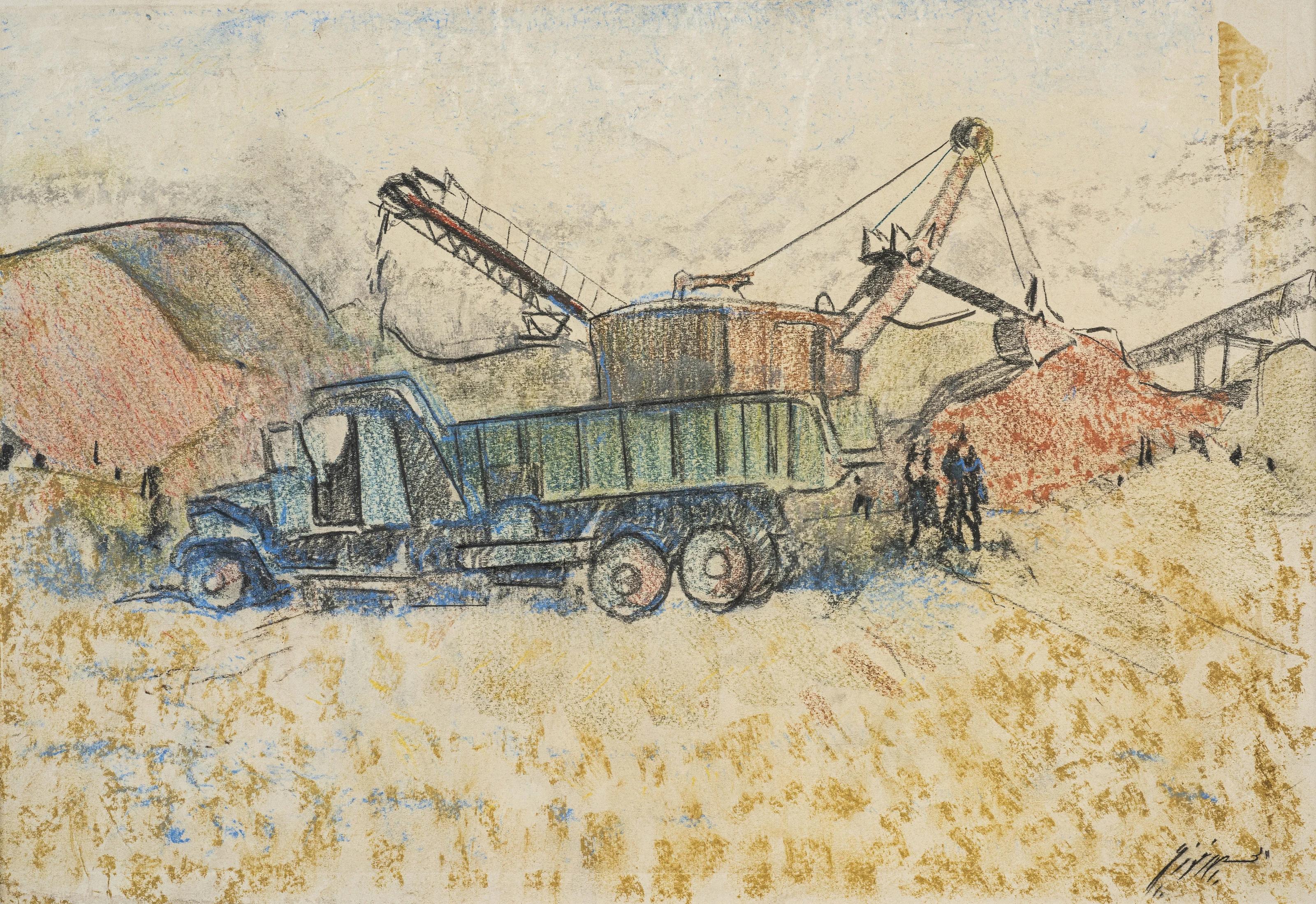 El Hussein Fawzi - "Aswan High Dam II" Drawing 12" x 18" inch by El ...