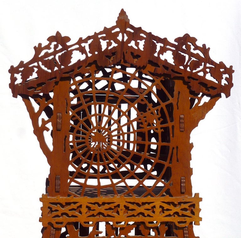 Elaborate Fretwork Bird Cage with Spider and Web and a Cat Among Leaves ...