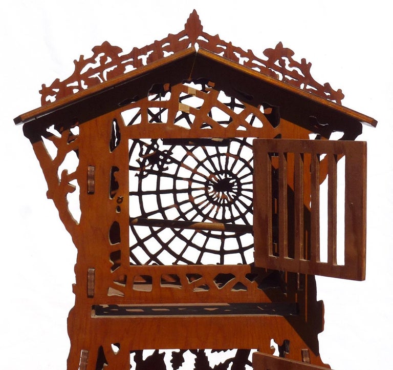 Elaborate Fretwork Bird Cage with Spider and Web and a Cat Among Leaves ...