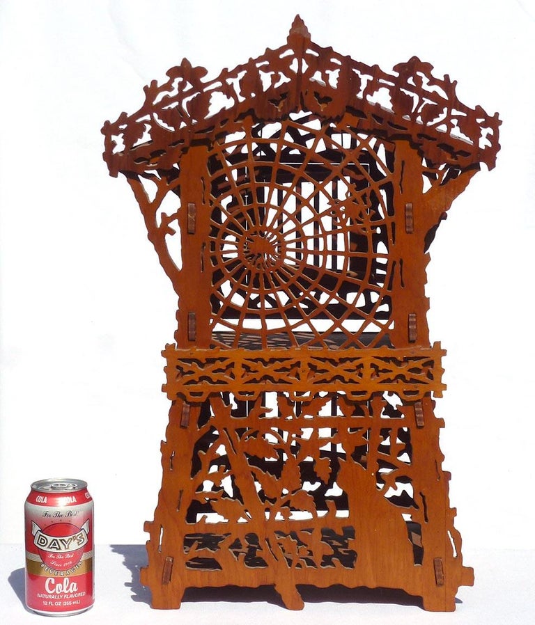 Elaborate Fretwork Bird Cage with Spider and Web and a Cat Among Leaves ...