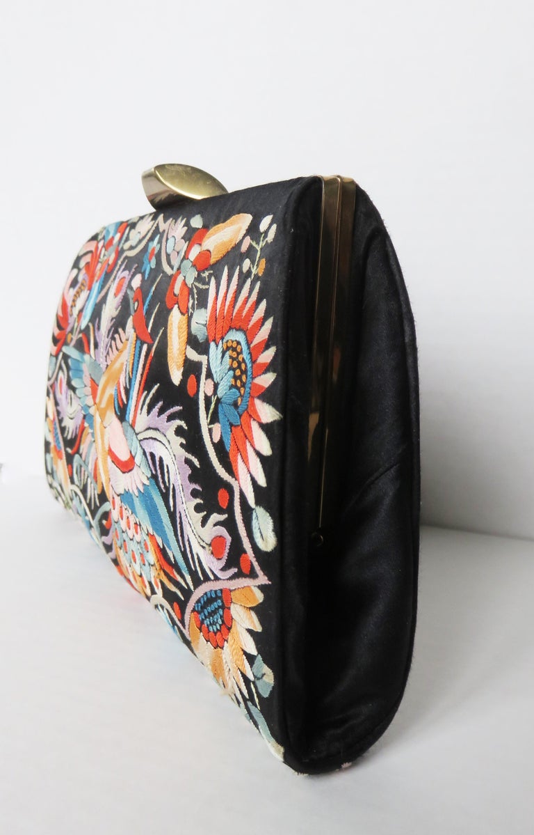 Elaborately Embroidered Bird 1940s Silk Box Clutch For Sale at 1stDibs