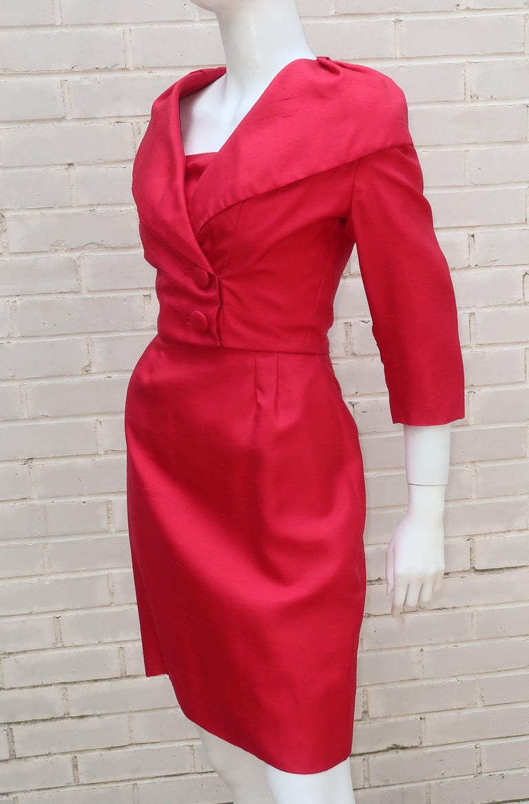 Elaine Terry Red Shantung Silk Dress and Jacket Set, 1950's For Sale at ...
