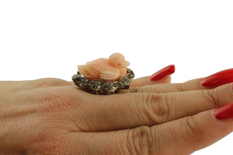 Carved Coral Duck, Diamonds, 9 Karat Rose Gold and Silver Ring at 1stDibs