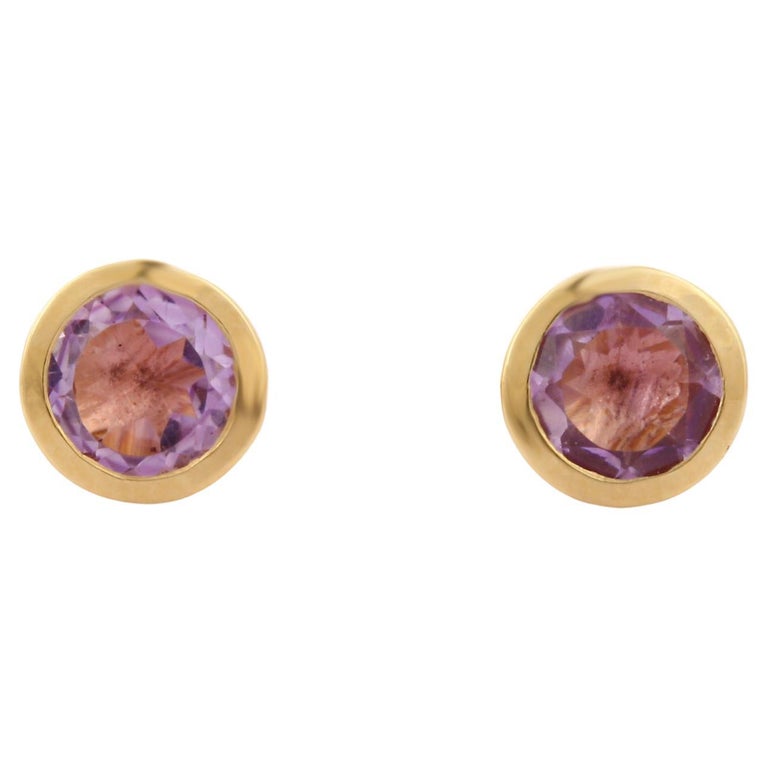 Elegant 14K Yellow Gold Brilliant Round Cut Bezel Set Amethyst Studs ...