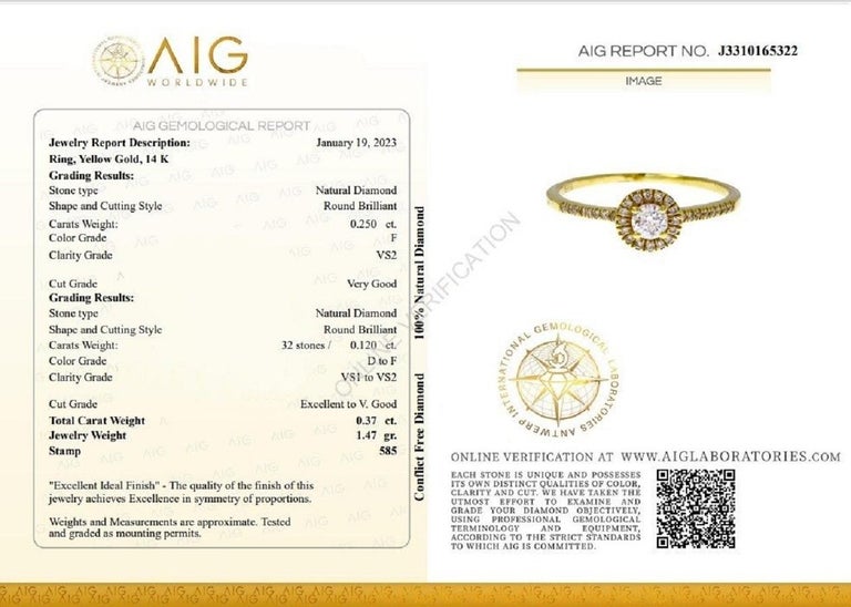 Elegant 14k Yellow Gold Halo Ring with 0.37 ct Natural Diamonds AIG Certificate For Sale at 1stDibs
