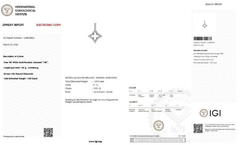 Elegant 18K White Gold Diamond Pendant with 1.0 ct Natural Diamonds IGI ...