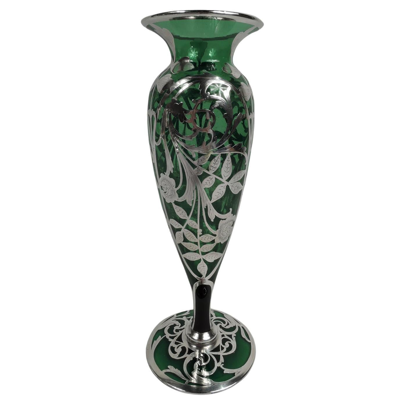 Elegant American Art Nouveau Green Silver Overlay Vase at 1stDibs