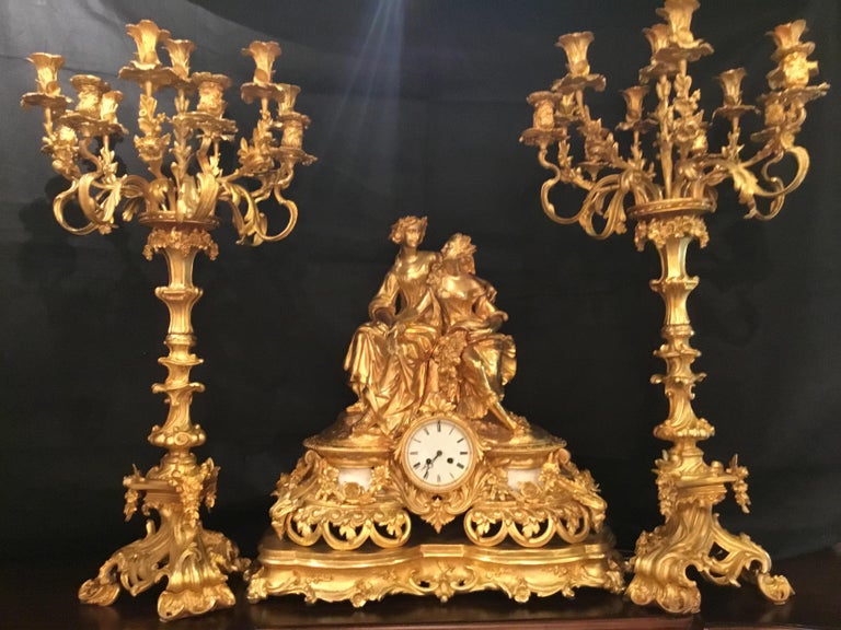 Elegant and Large Gilt Bronze Three-Piece French Garniture Set at 1stDibs