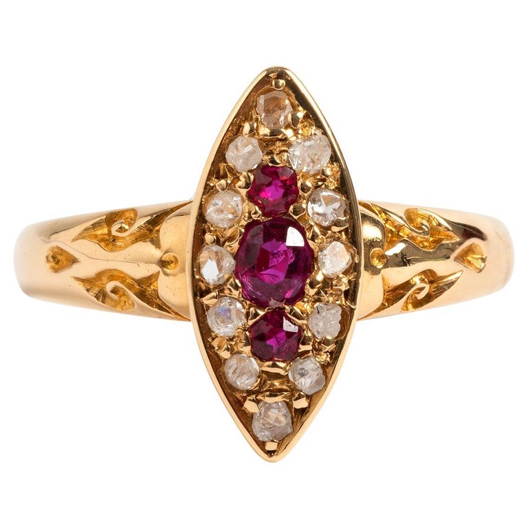 Elegant Antique Ruby and Diamond Marquise Ring, Set in 18 Carat Yellow ...