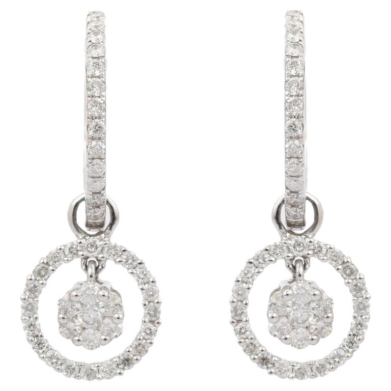 Elegant Clip-On Style 14K White Gold Floral Diamond Dangle Earrings For ...