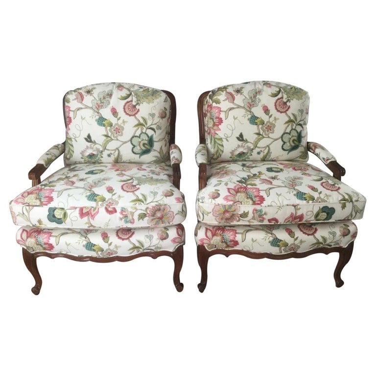 Elegant Comfy Pair of French Style Bergere Armchairs with Floral ...
