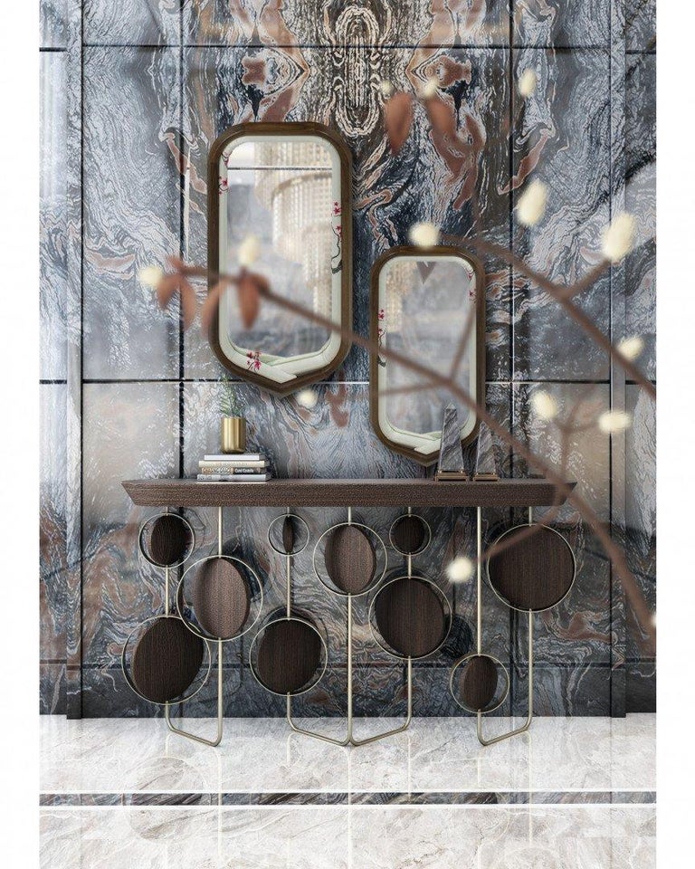 Elegant Console Table, Modern Style, Circle Brass Legs, Walnut Top For ...