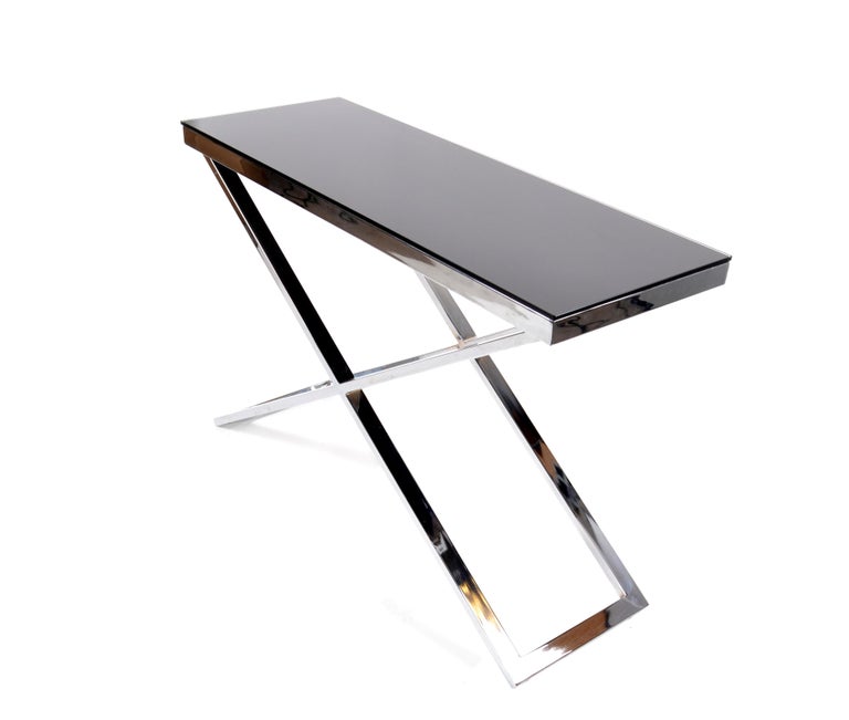 Elegant Contemporary Chrome and Black Glass Top Console with Cross Base ...