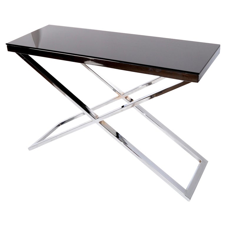 Elegant Contemporary Chrome and Black Glass Top Console with Cross Base ...