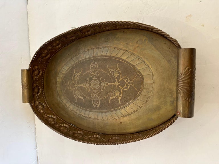 Elegant Continental Antique Oval Brass Gallery Tray For Sale at 1stDibs