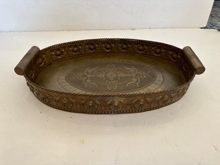 Elegant Continental Antique Oval Brass Gallery Tray For Sale at 1stDibs