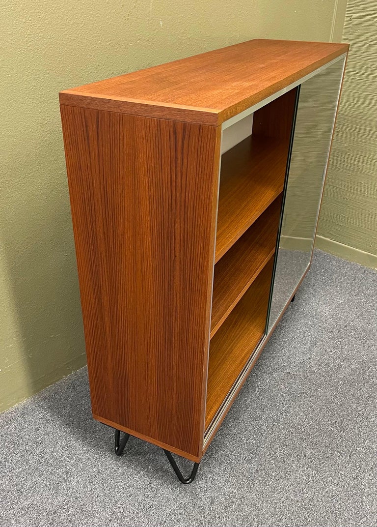 Elegant Danish Modern Bookcase / Cabinet with Glass Doors and Hairpin ...