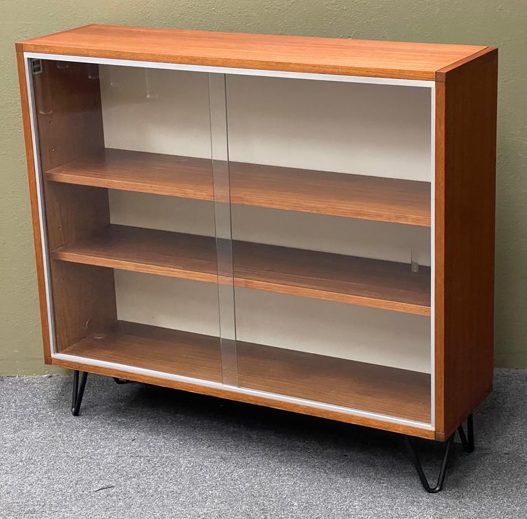 Elegant Danish Modern Bookcase / Cabinet with Glass Doors and Hairpin ...