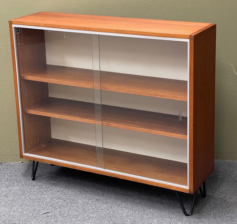 Elegant Danish Modern Bookcase / Cabinet with Glass Doors and Hairpin ...