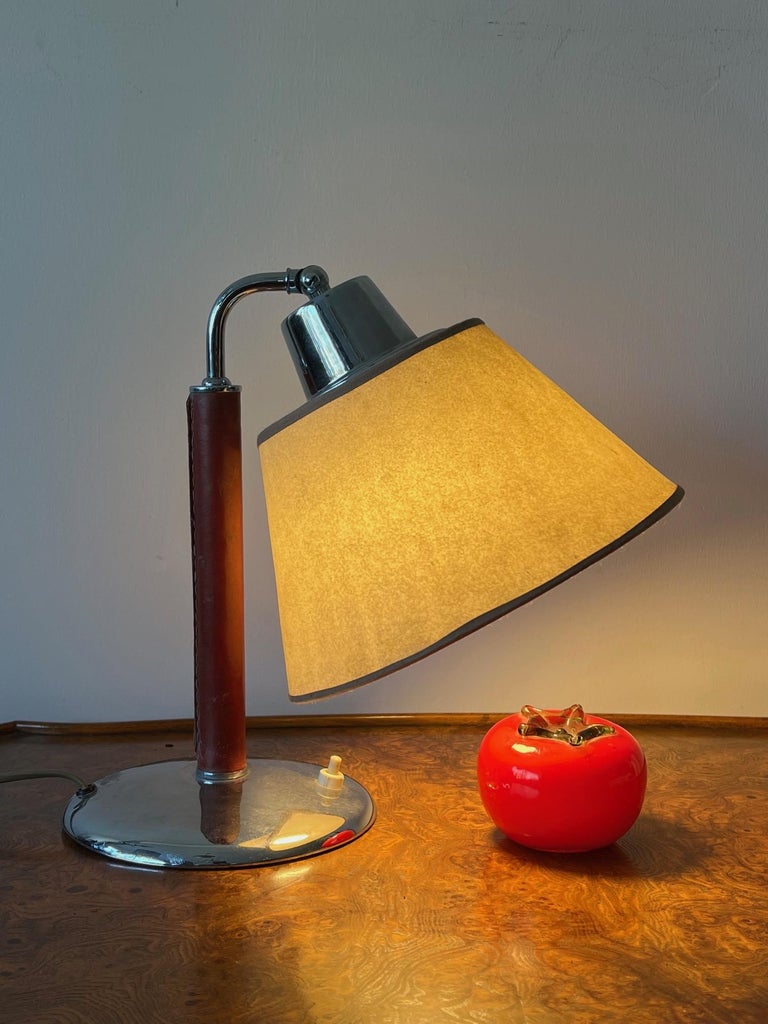 Elegant Desk Lamp in Red Leather and Parchment Shade For Sale at 1stDibs