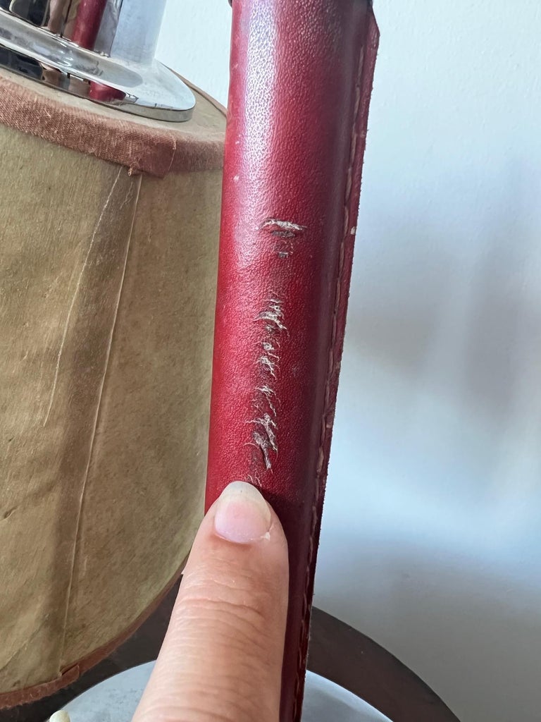 Elegant Desk Lamp in Red Leather and Parchment Shade For Sale at 1stDibs