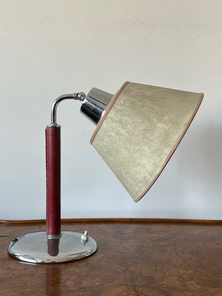 Elegant Desk Lamp In Red Leather And Parchment Shade For Sale at 1stDibs