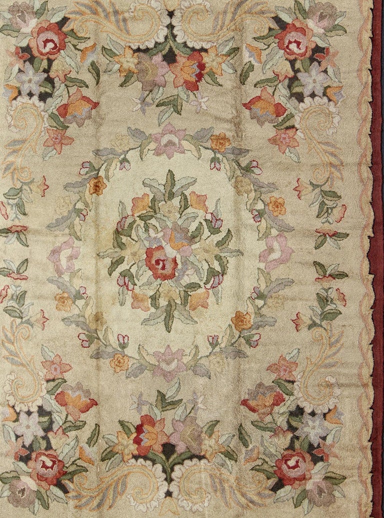 Elegant Floral Antique American Hooked Rug in Cream and Multi-Colors at ...