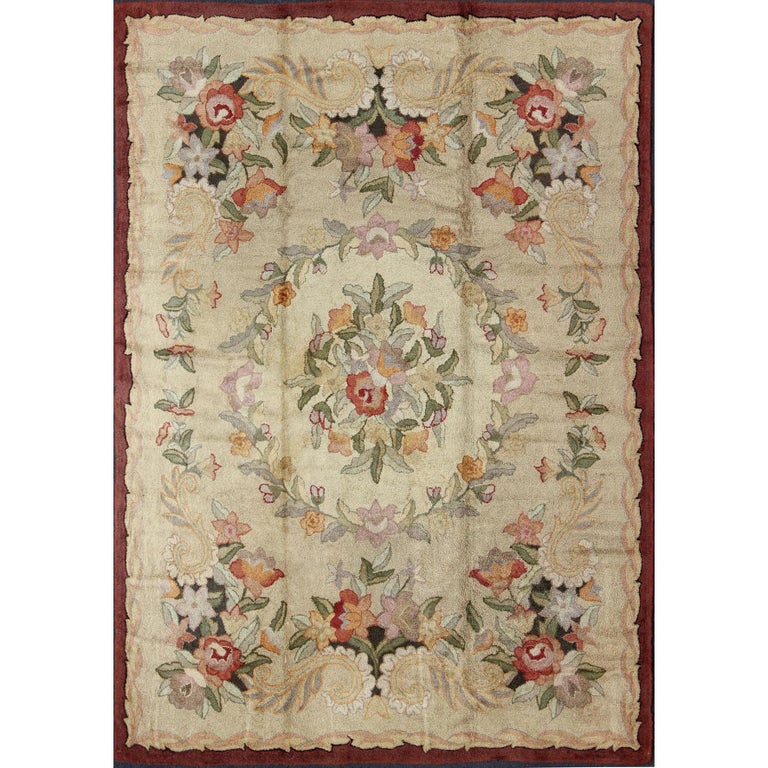 Elegant Floral Antique American Hooked Rug in Cream and Multi-Colors at ...