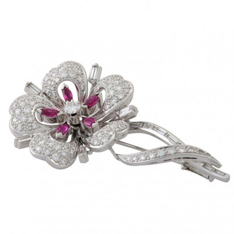 Elegant Flower Brooch, Especially with 5 Ruby Navettes and Diamond For ...