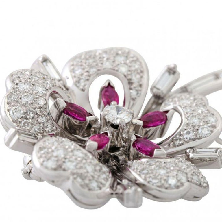 Elegant Flower Brooch, Especially with 5 Ruby Navettes and Diamond For ...