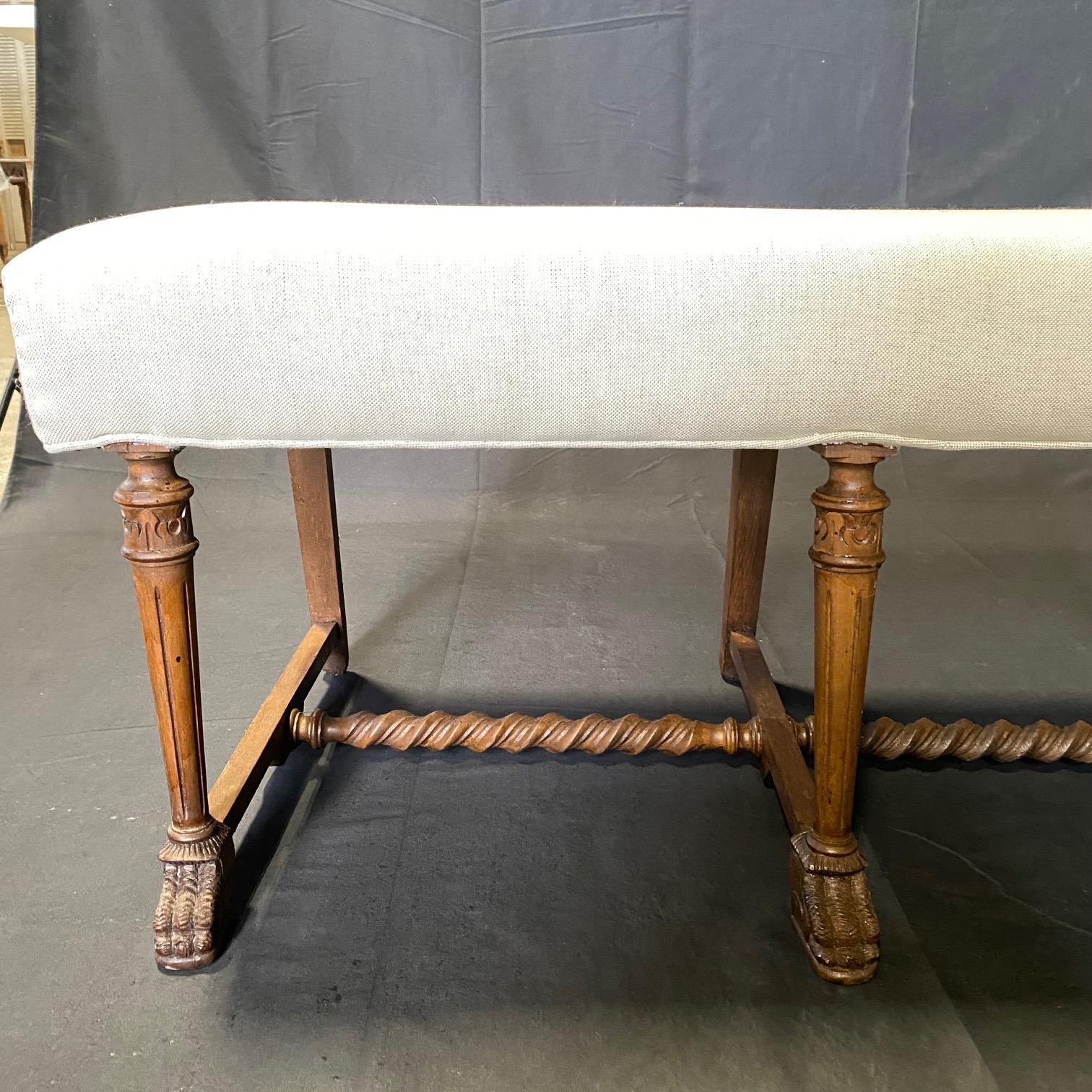 Elegant French Antique Carved Barley Twist Bench with Carved Feet For ...