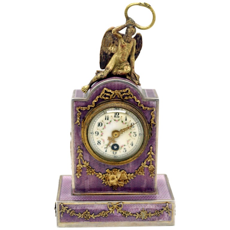 Elegant French Art Nouveau Table Clock Silver Gouilloche Enamel Brass ...