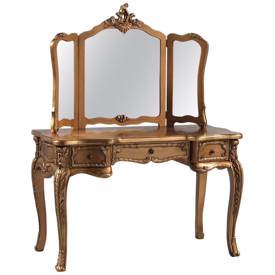 Elegant Gilt French Style Dressing Table with Mirror at 1stDibs
